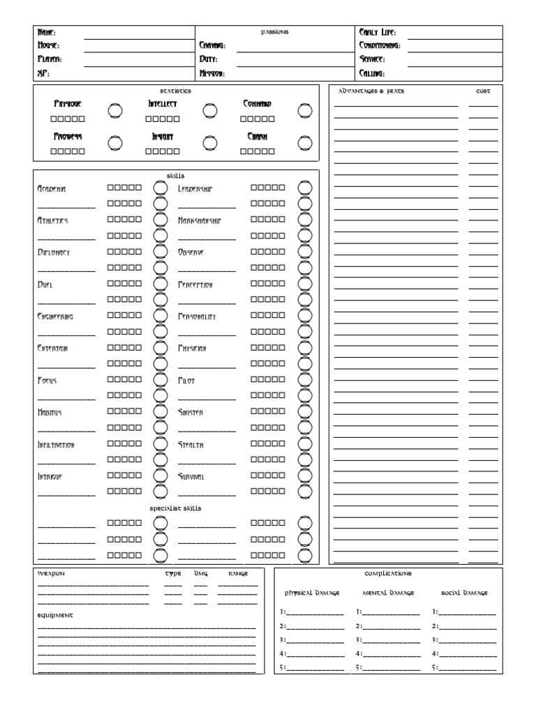 Dune Character Sheet Leisure 