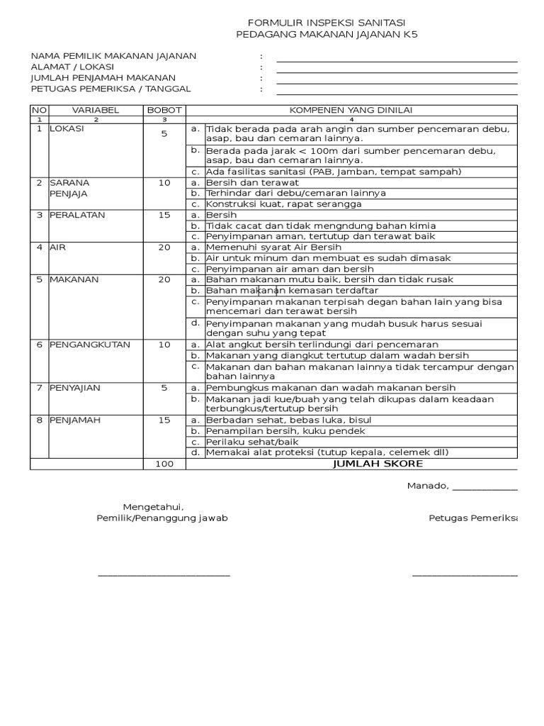 Form Pemeriksaan Makanan Jajanan | PDF
