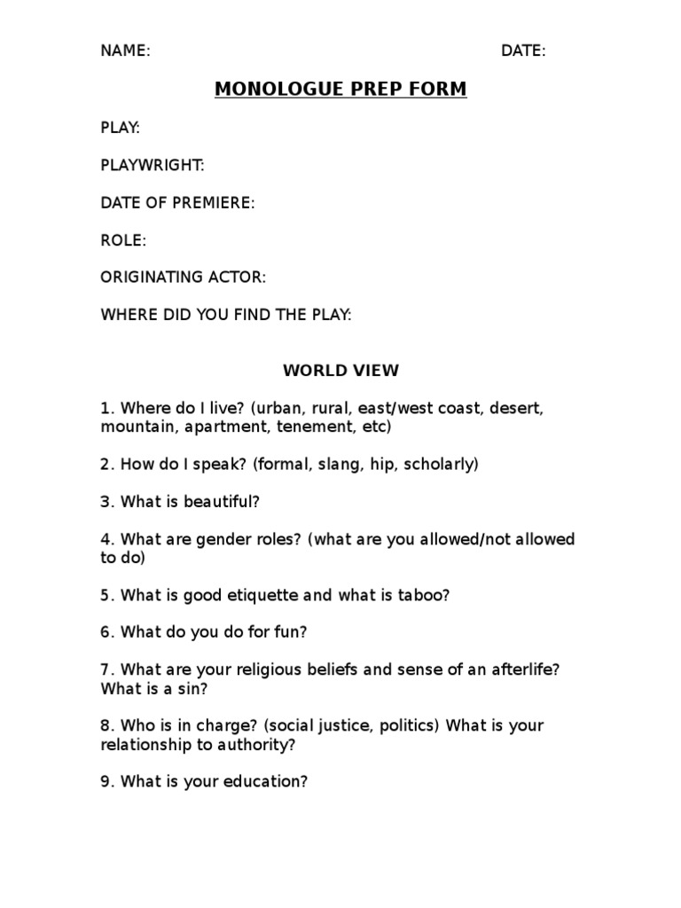 Monologue Prep Form: World View | PDF