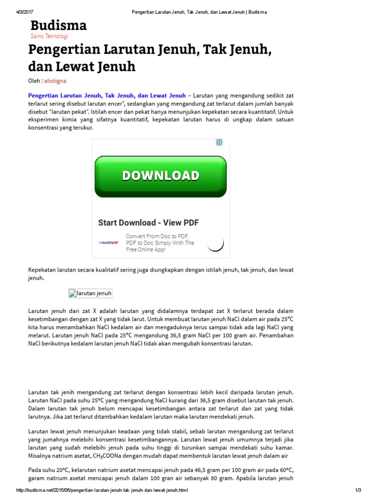 Pengertian Larutan Jenuh, Tak Jenuh, Dan Lewat Jenuh - Budisma | PDF ...
