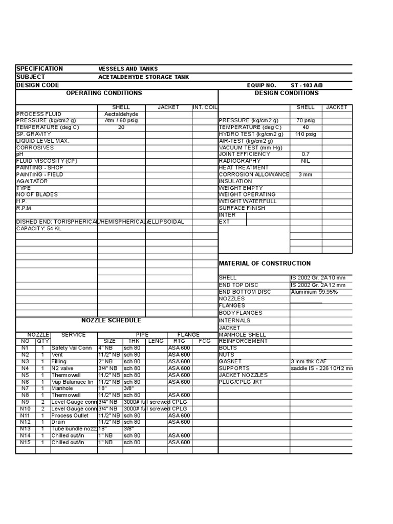 Acetaldehyde Storage Tank Specification | PDF
