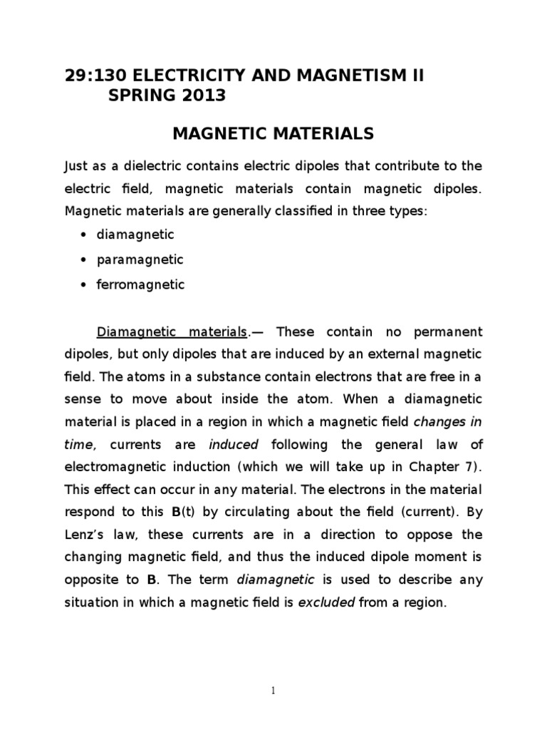 Classification and Properties of Magnetic Materials: Diamagnetic ...