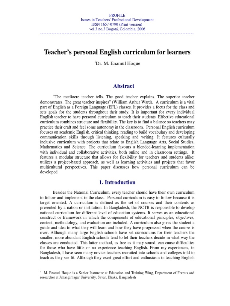Personal English Curriculum for Teachers | PDF