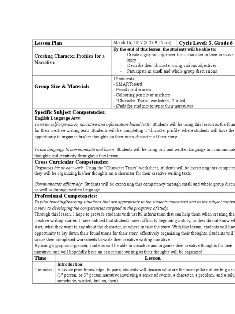 Grade 6 Character Profile Lesson | PDF | Creative Writing | Narrative