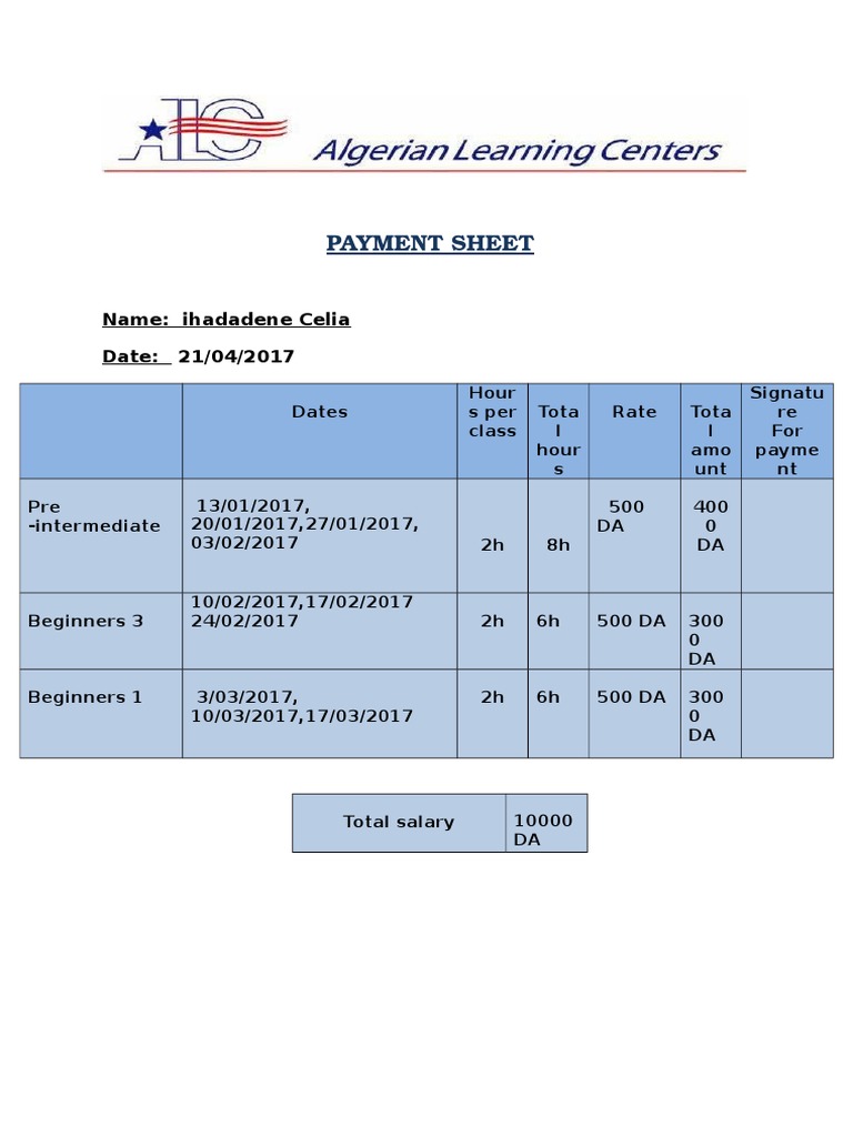 Payment Sheet for Language Classes | PDF