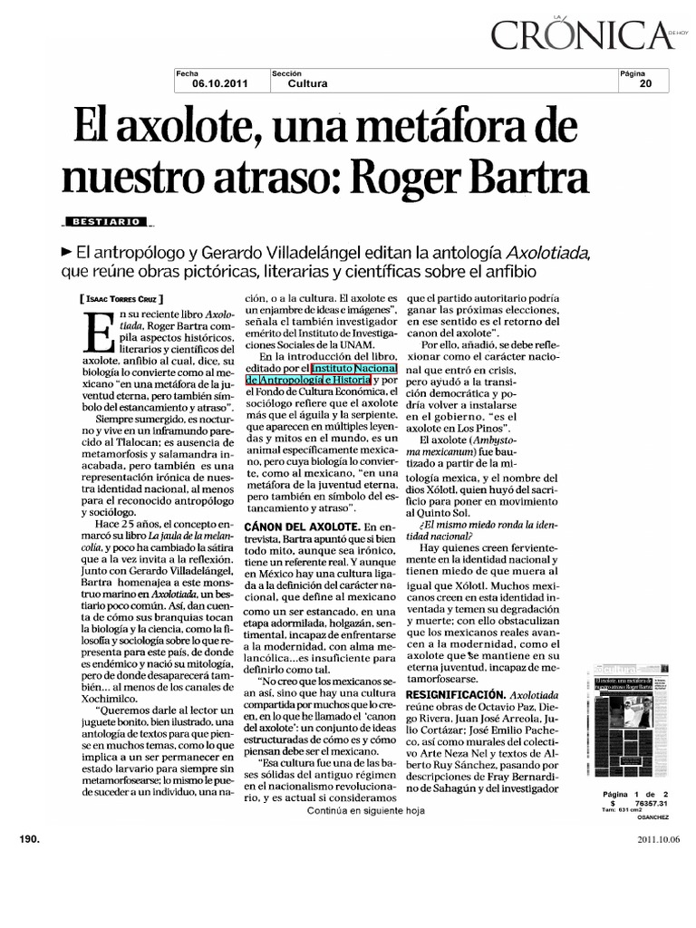 Sobre El Axolote, Visión de Roger Bartra | PDF | México | Antropología