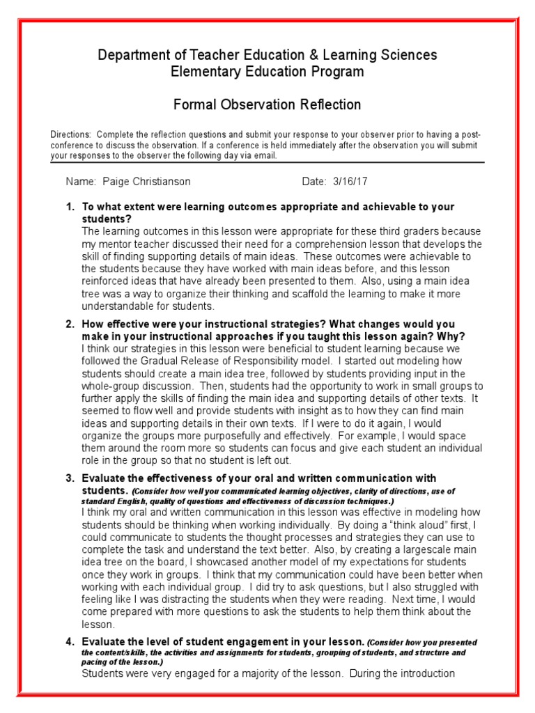 Department of Teacher Education & Learning Sciences Elementary ...