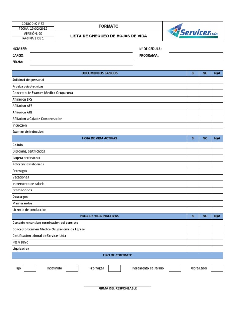 Lista De Chequeo Documentos Hoja De Vida