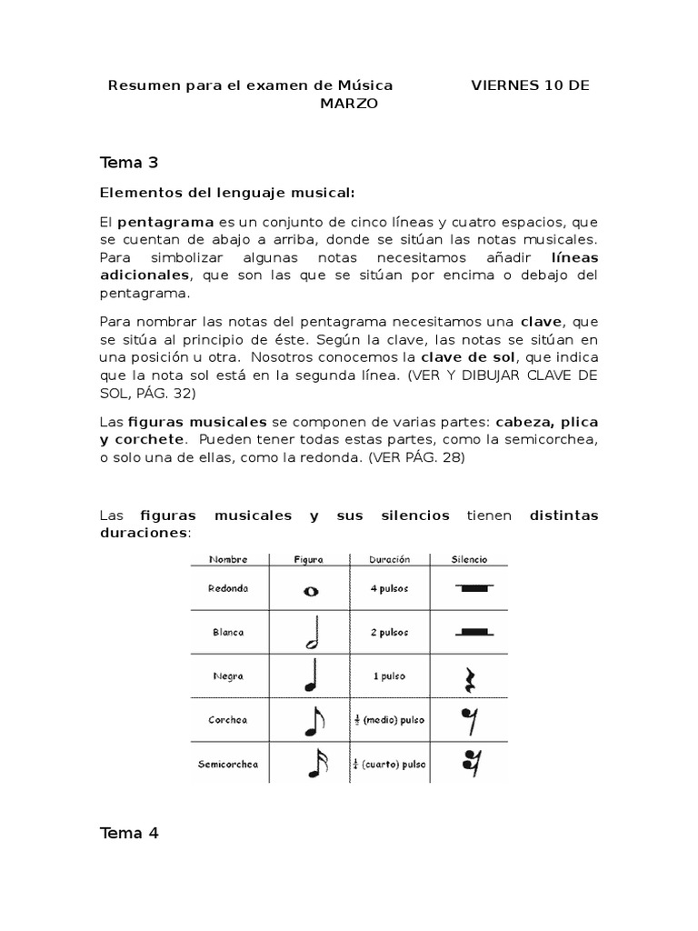 Resumen Examen de Música de 5º | Clave | Elementos de la música