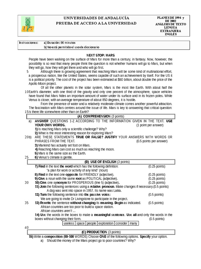 Selectividad Inglés Andalucía 2023 | PDF | Mars | Adjective