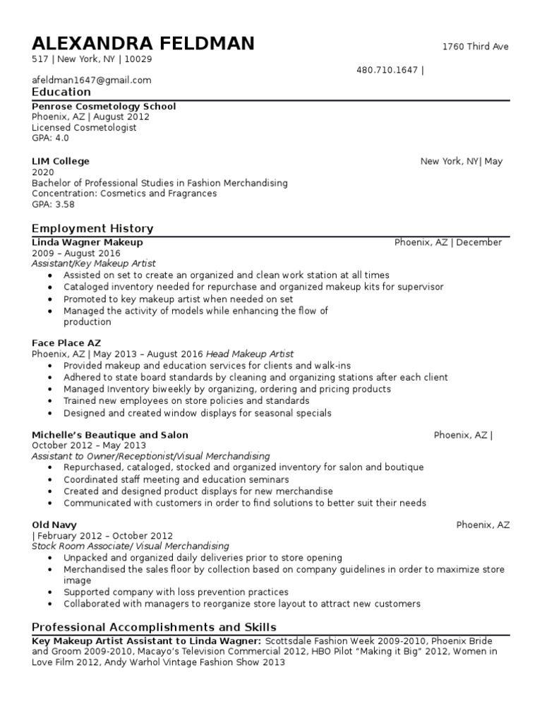Alex Feldman Resume - LIM College Student | PDF | Cosmetics | Retail