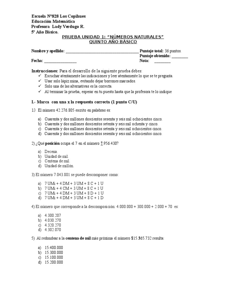 Prueba Matemática Unidad 1 5to | PDF | Notación Matemática | Enseñanza ...