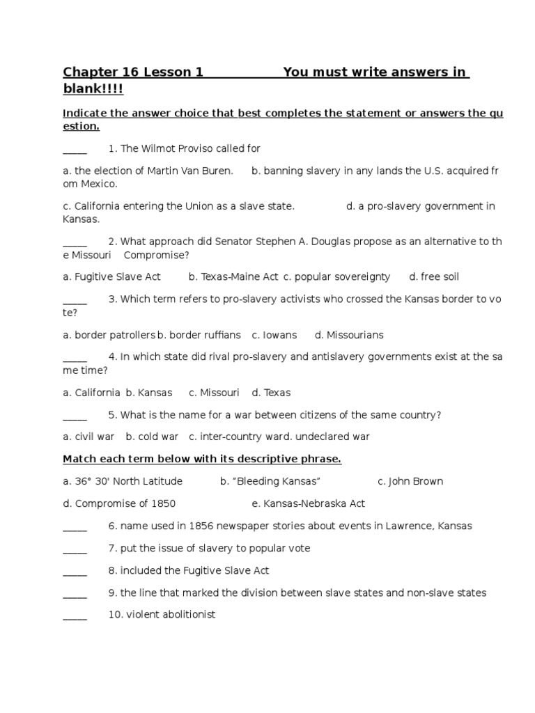 Chapter 16 Lesson 1and Lesson 2 Worksheet | PDF | Abraham Lincoln ...