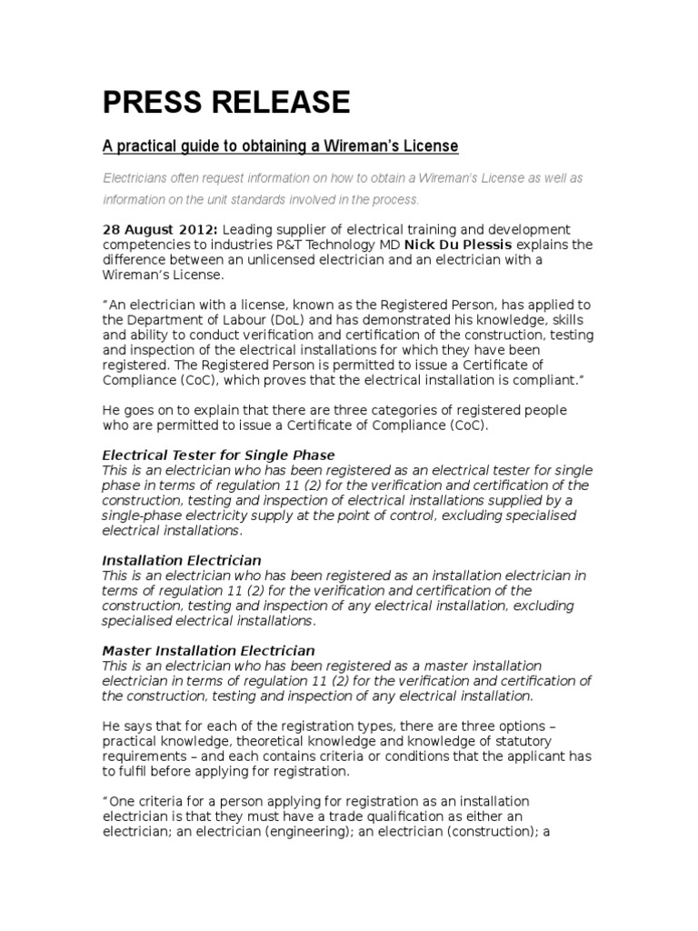 Press Release: A Practical Guide To Obtaining A Wireman's License | PDF ...