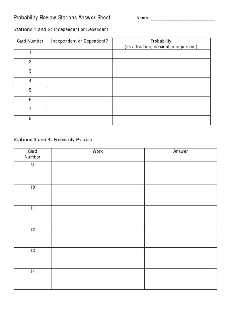 10 5 2 Review Probability Stations Answer Sheet | PDF