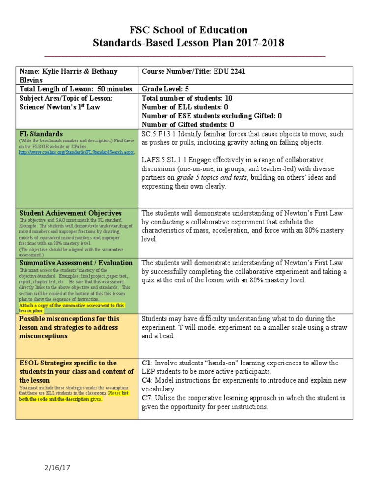 FSC School of Education Standards-Based Lesson Plan 2017-2018 | PDF ...