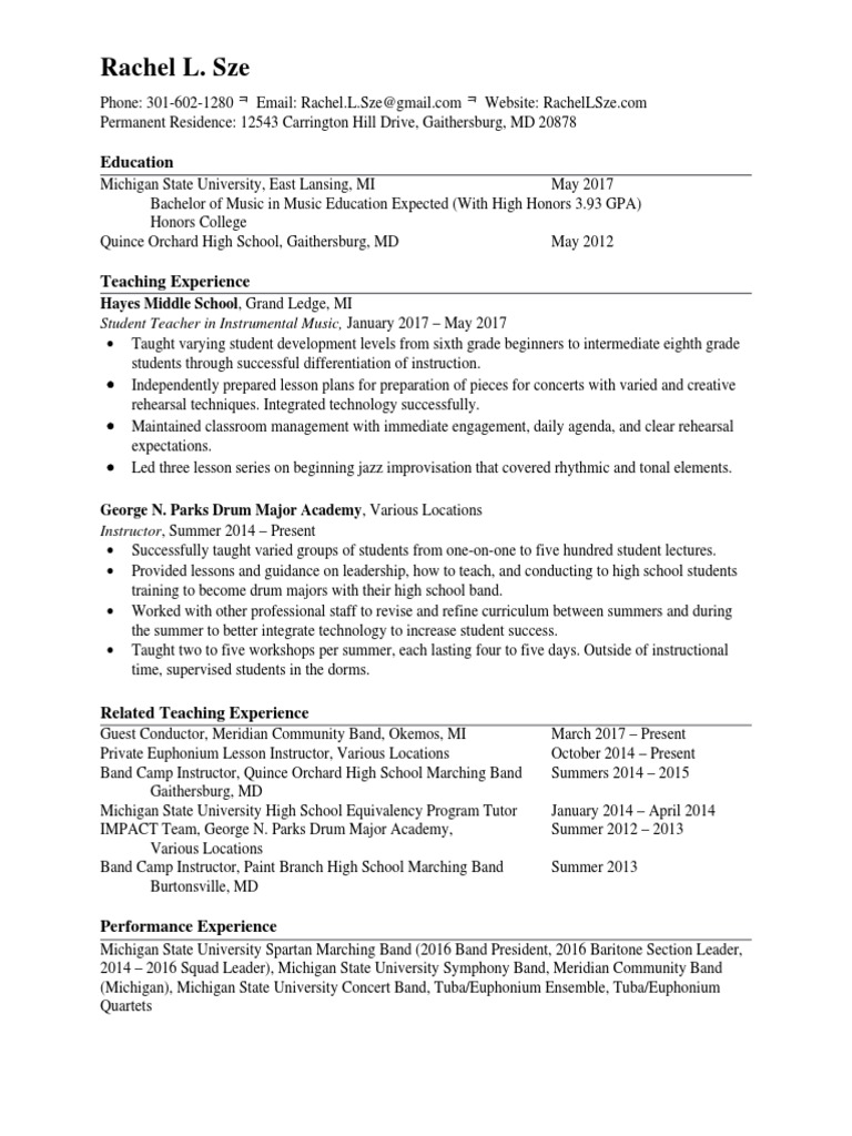 Student Teaching Resume - 2 Pages | PDF | Michigan State University ...