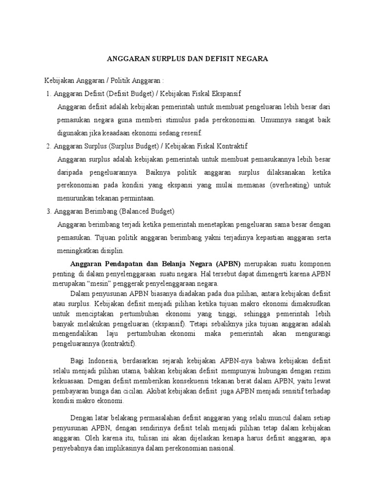 Anggaran Surplus Dan Defisit Negara | PDF
