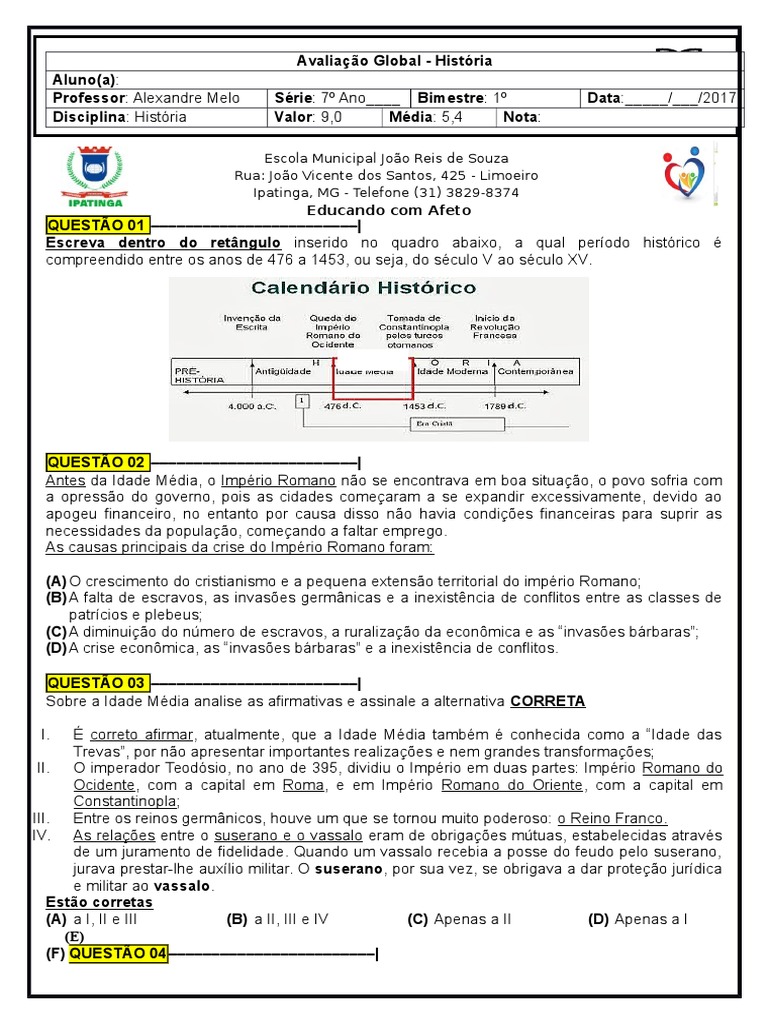 7º Ano - Prova Global Historia 1 Bimestre | PDF | Alta Idade Média | Feudalismo