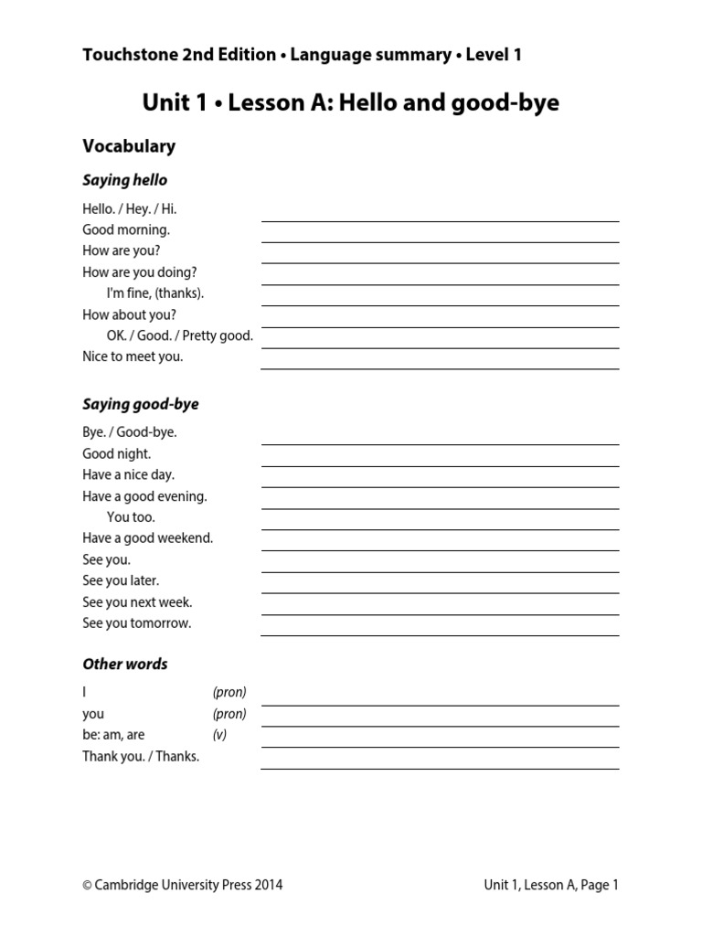 Unit 1 - Lesson A: Hello and Good-Bye: Touchstone 2nd Edition ...