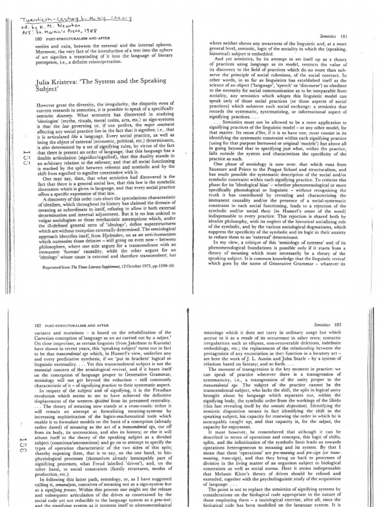 Kristeva on Semiotics and the Speaking Subject | PDF | Semiotics ...
