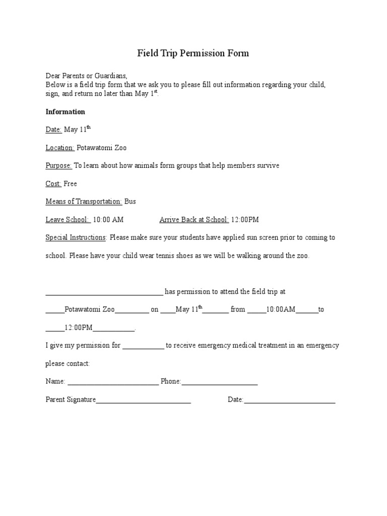 Potawatomi Zoo Field Trip Permission Form | PDF