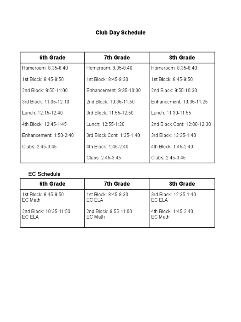 Middle School Club Day Schedule | PDF