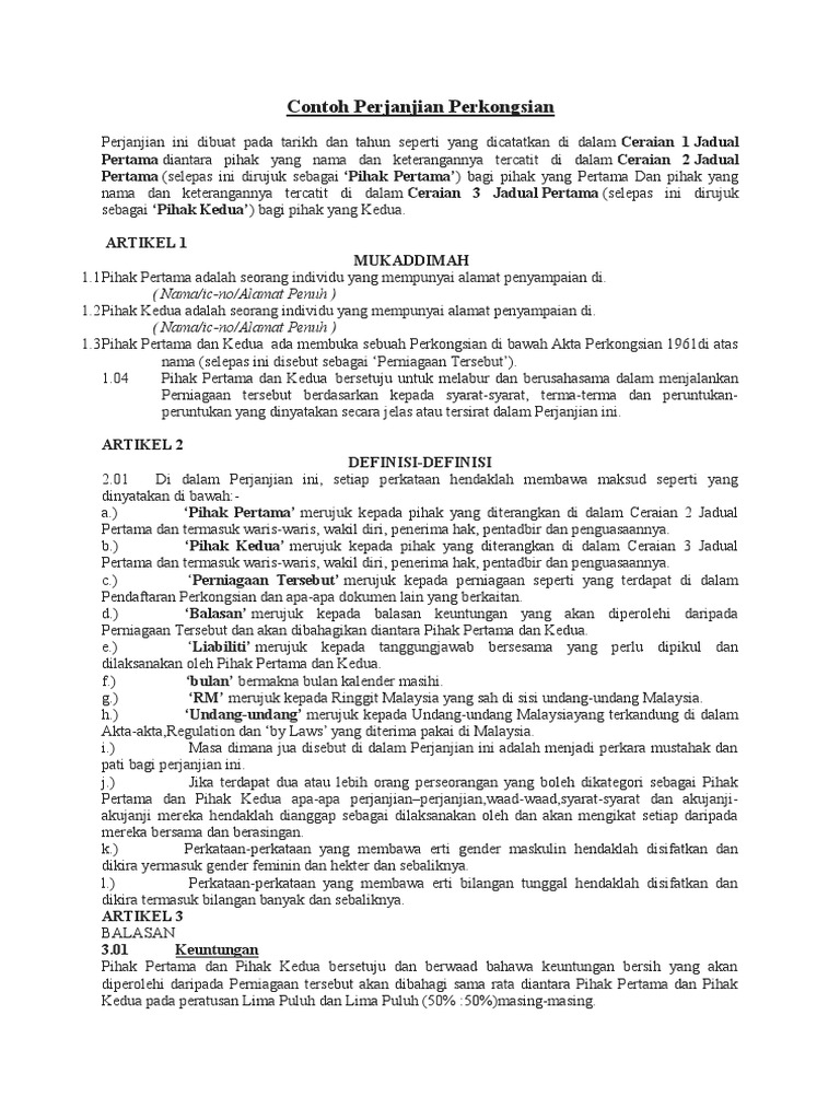 Contoh Perjanjian Perkongsian | PDF