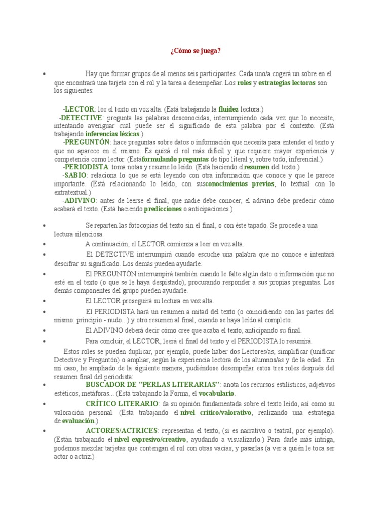 Juegos de roles para comprensión lectora | PDF | Lectura (proceso ...