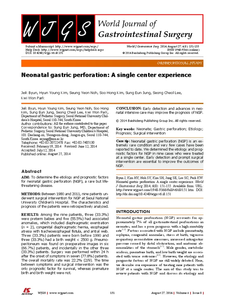 Neonatal Gastric Perforation: A Single Center Experience: Observational ...