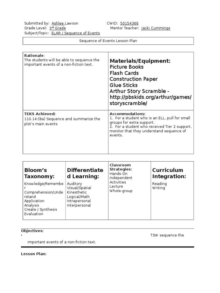 Elar Sequence of Events Lesson Plan | PDF | Lesson Plan | Reading ...
