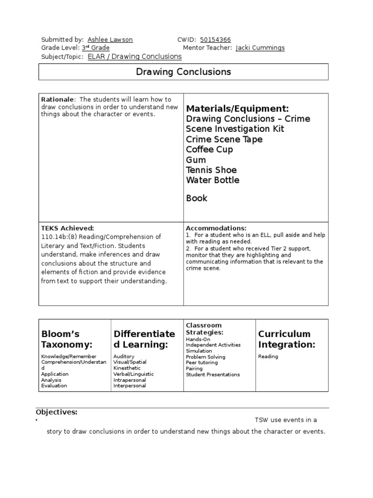 Elar Drawing Conclusions Lesson Plan | PDF | Reading Comprehension ...