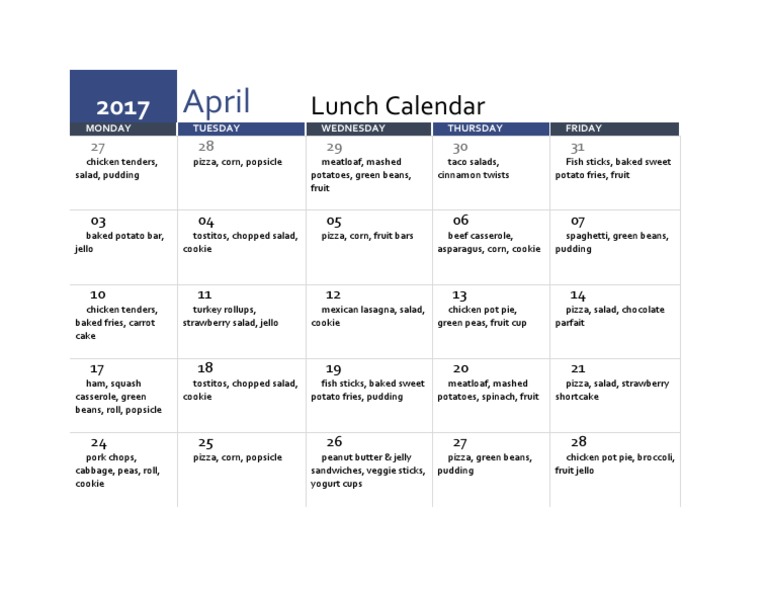 April 2017 Lunch Menu Calendar | PDF
