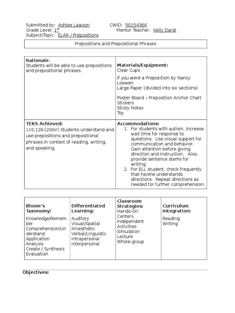 Elar Prepositions Lesson For Jen | PDF | Preposition And Postposition ...