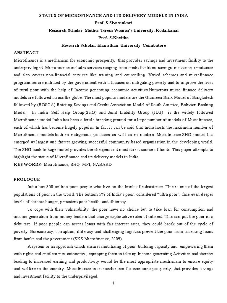 Status of Microfinance and Its Delivery Models in India | PDF ...