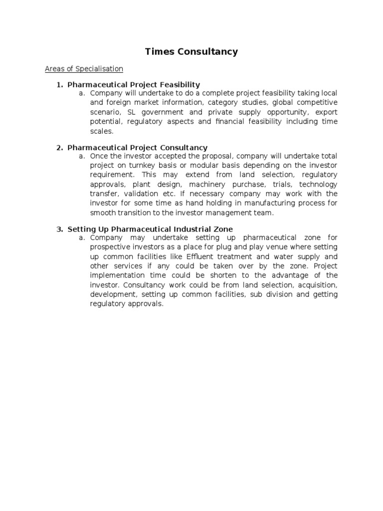 Times Consultancy: 1. Pharmaceutical Project Feasibility | PDF