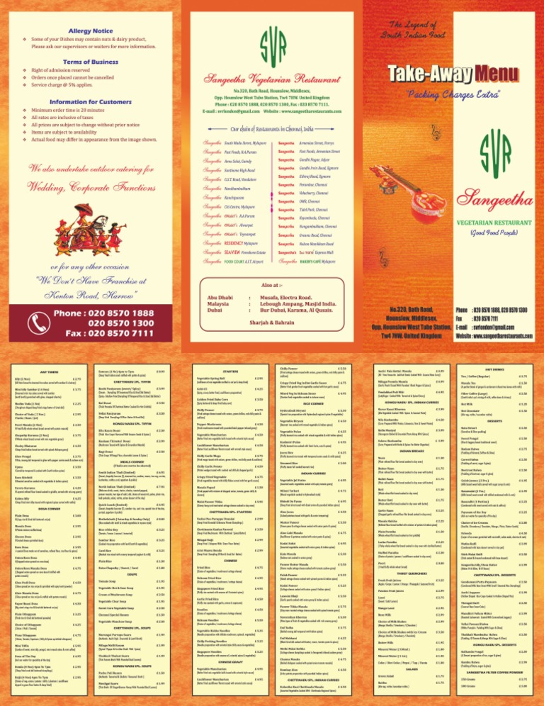 Sangeetha Veg Restaurant Menu Card PDF | PDF