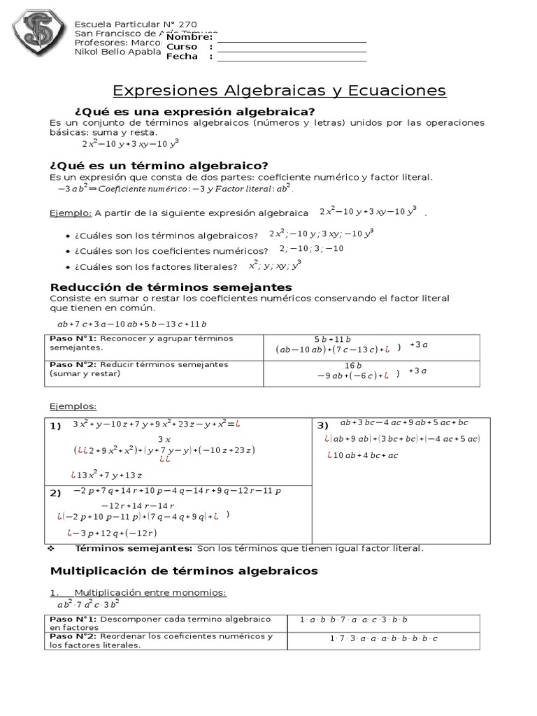 Guía De Expresiones Algebraicas Pdf Multiplicación Factorización 2944