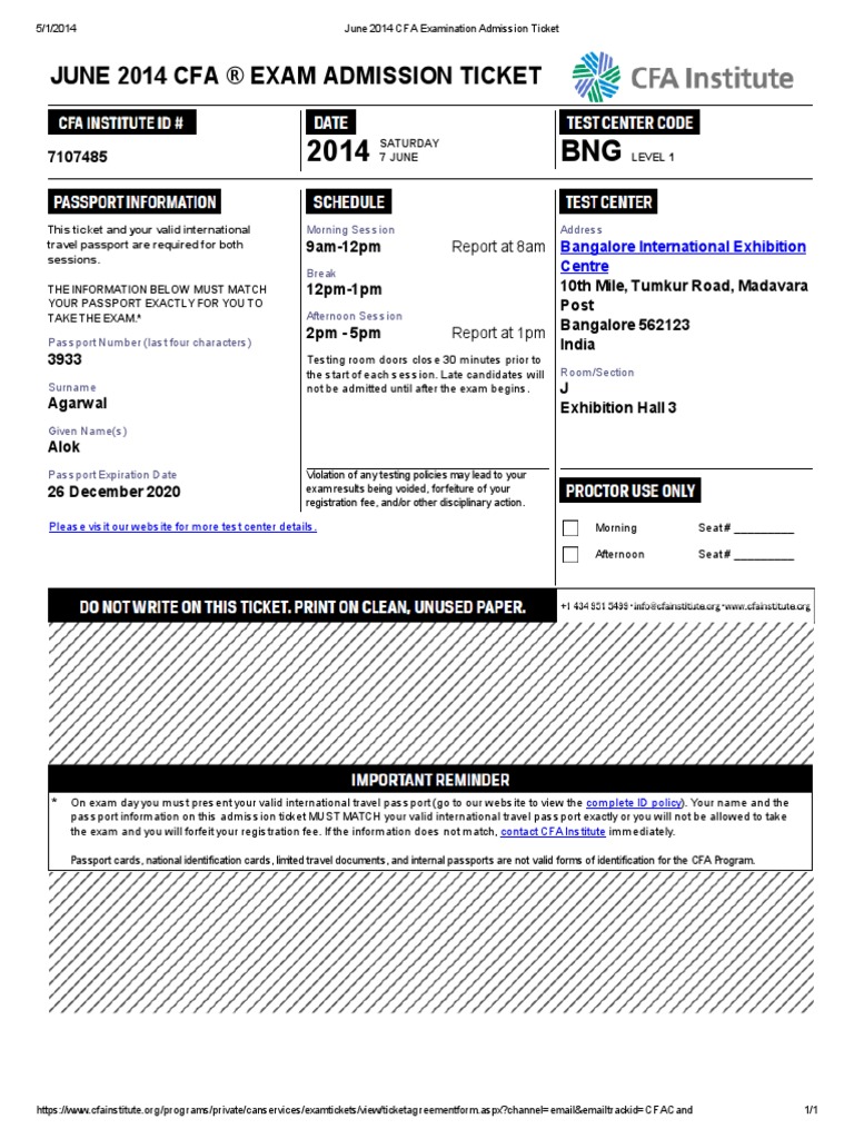 June 2014 CFA Examination Admission Ticket | Identity Document | Access ...
