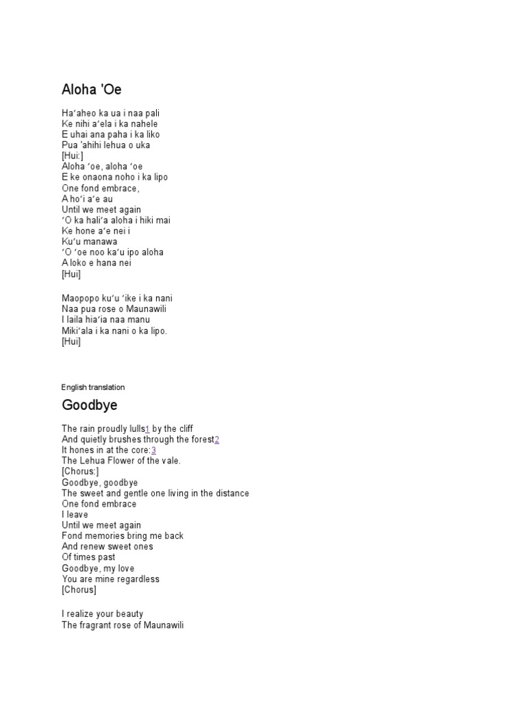 Aloha 'Oe: English Translation | PDF