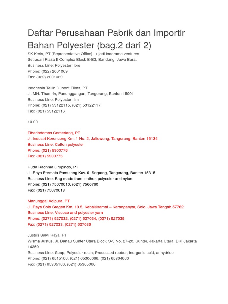 Daftar Perusahaan Pabrik Dan Importir Bahan Polyester | PDF | Poliester ...