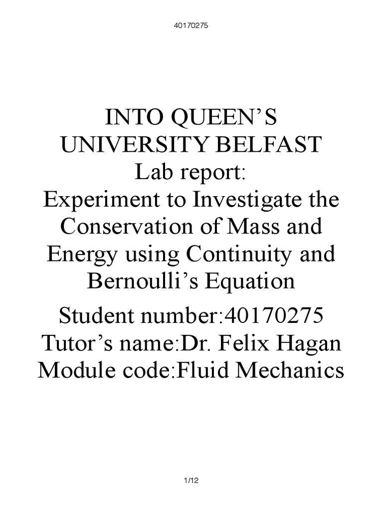 Bernoullis Equation Lab Report | Download Free PDF | Fluid Dynamics ... Bernoullis Equation Lab Report | Download Free PDF | Fluid Dynamics ...