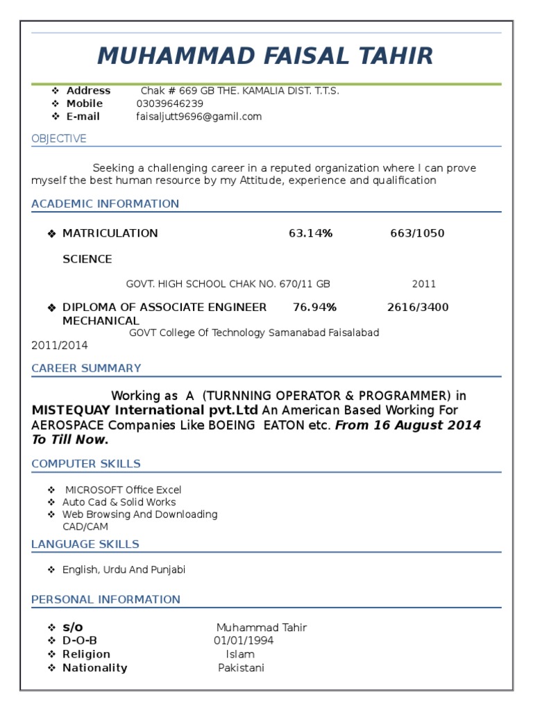 Muhammad Faisal Tahir Resume Mechanical Engineer Pakistan | PDF
