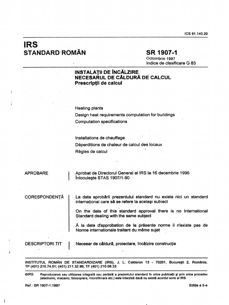 SR 1907-1-97 - Incalzire - Necesar de Caldura - Calcul | PDF