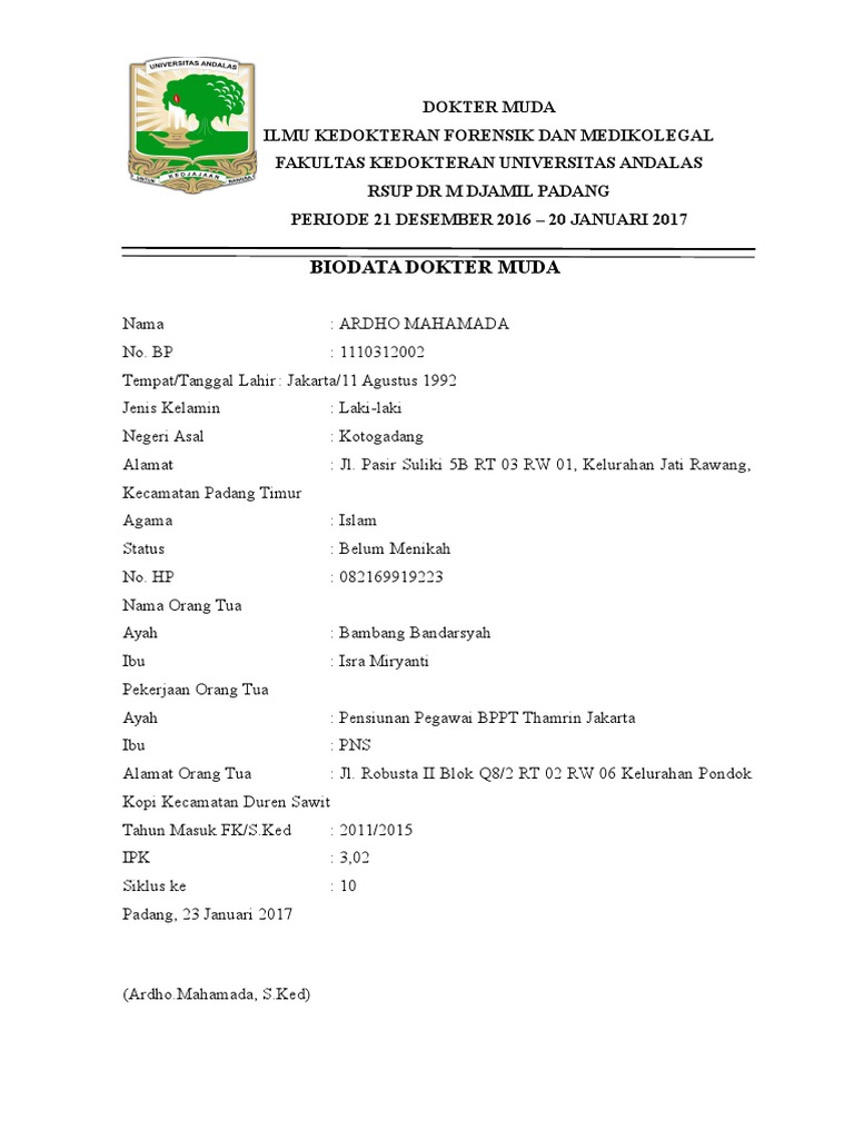 Biodata Dokter Muda Forensik | PDF