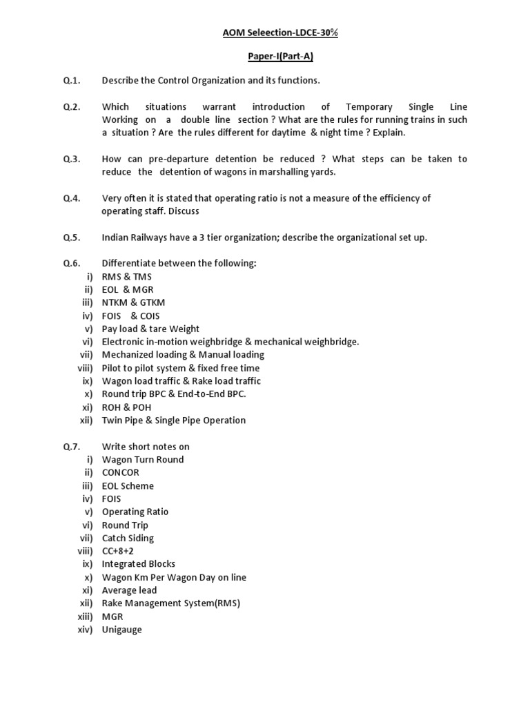 AOM Exam Paper for Indian Railways | PDF | Train | Traffic Collision