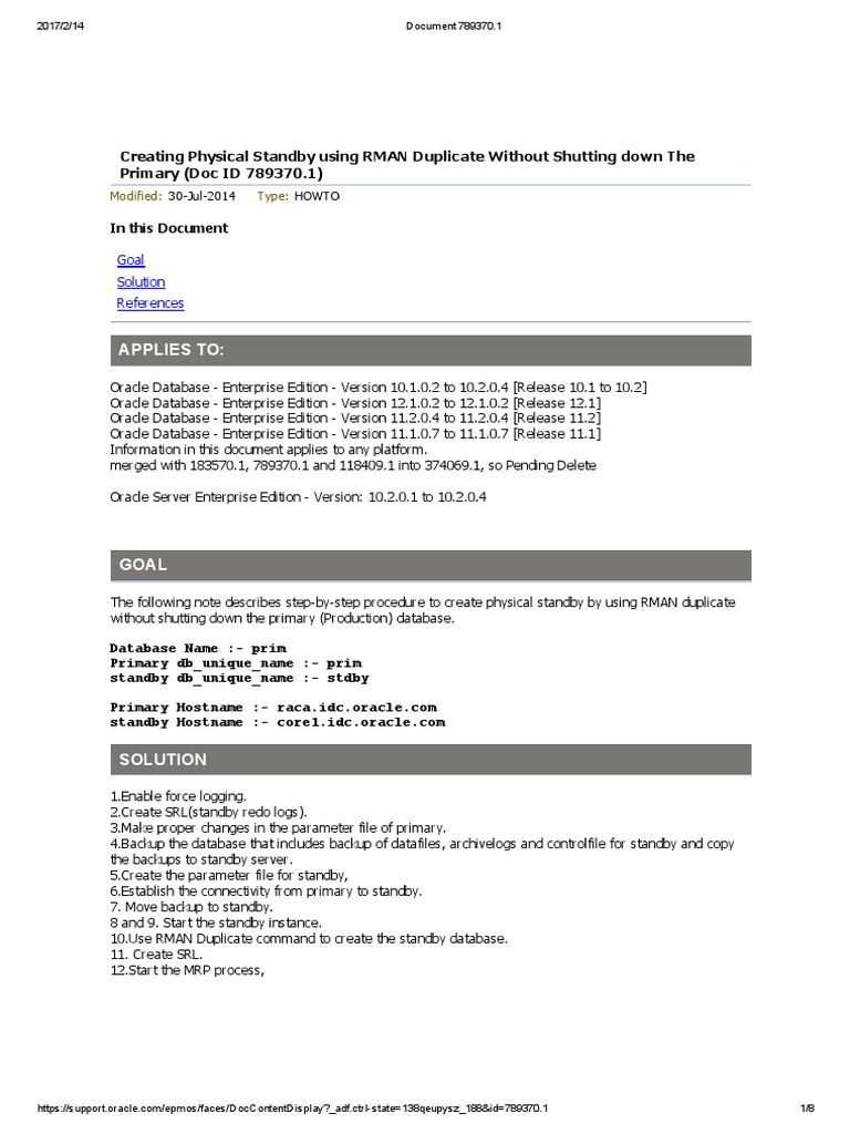 Creating Physical Standby Using RMAN Duplicate Without Shutting Down The Primary (Doc ID 789370. ...