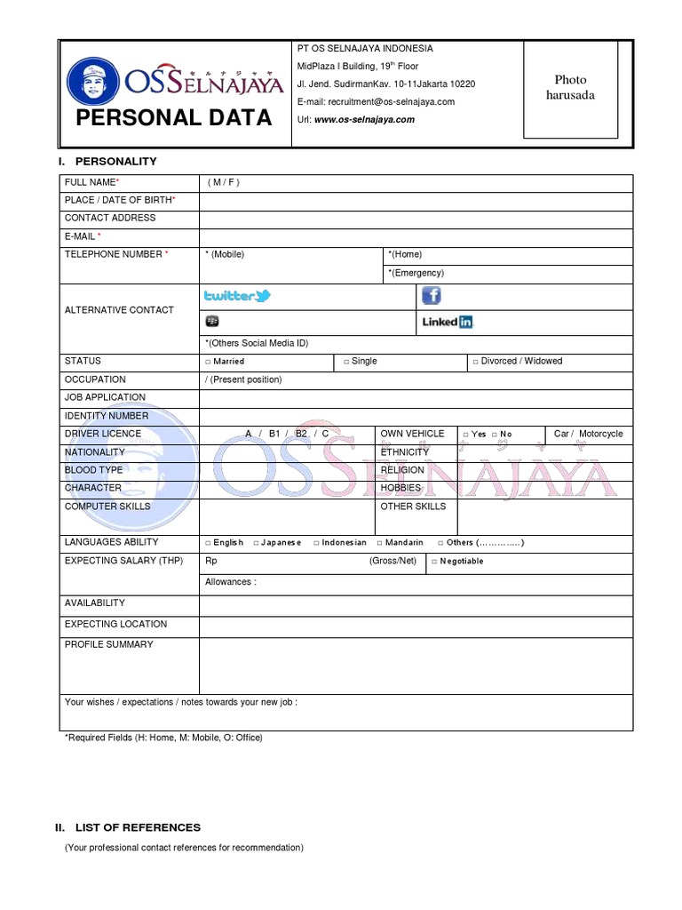 Personal Data Form-Pt Os Selnajaya Indonesia | PDF | Employment | Business
