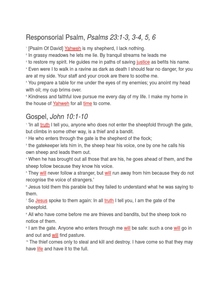 Responsorial Psalm, Psalms 23:1-3, 3-4, 5, 6: Yahweh Justice | PDF