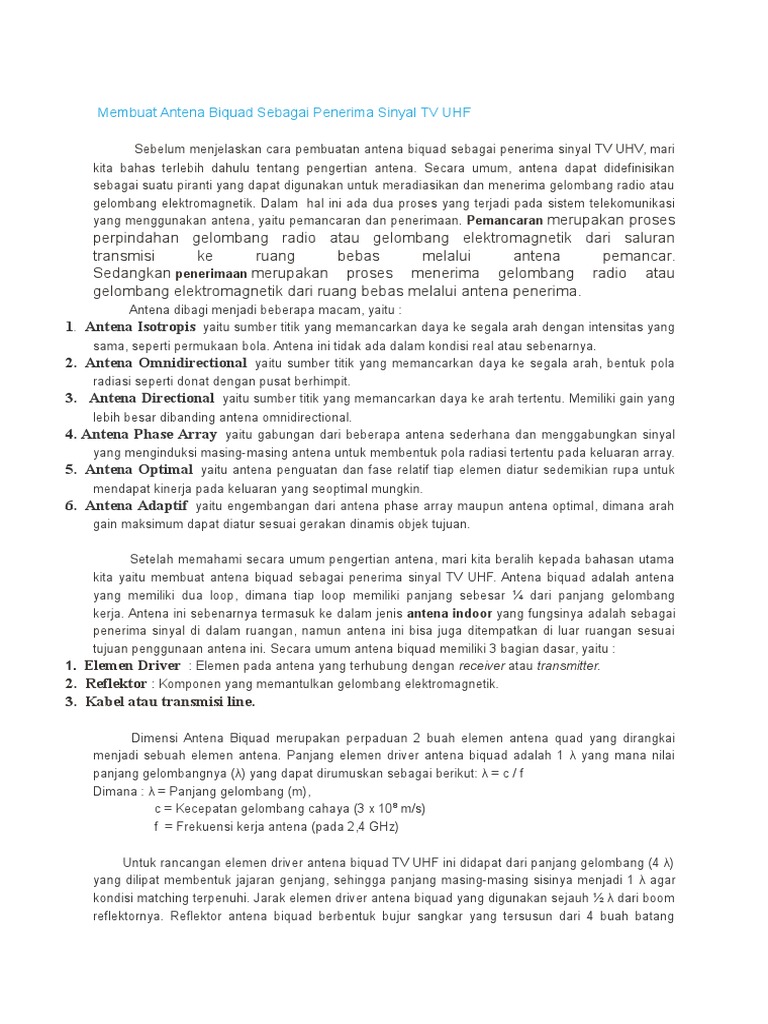 Membuat Antena Biquad Sebagai Penerima Sinyal TV UHF | PDF | Teknologi & Rekayasa